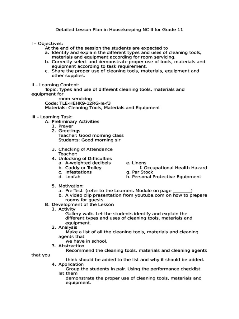 Cleaning Tools, Materials and Equipment Lesson Plan | PDF | Teaching ...