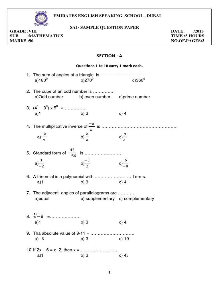 Sa1 - Sample Question Paper Grade 8 PDF | PDF | Elementary Mathematics ...