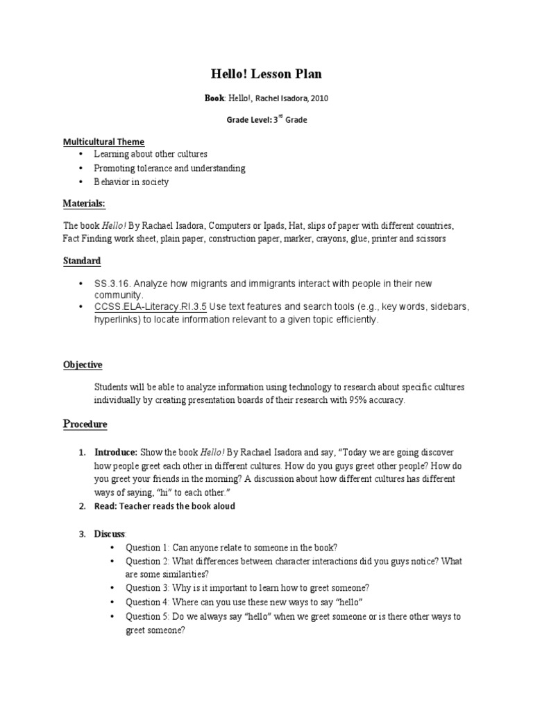 Hello Lesson Plan | PDF | Lesson Plan | Pedagogy