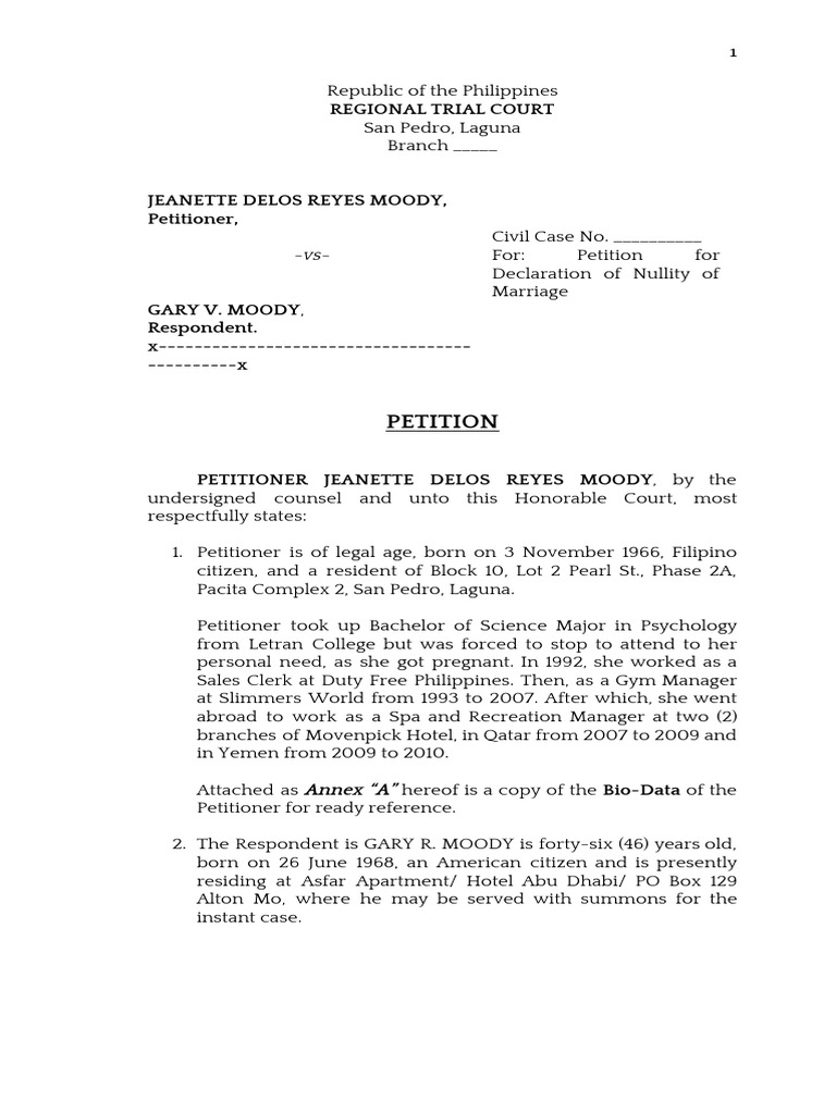 Moody - Petition For Annulment of Marriage Edited | PDF | Psychological ...