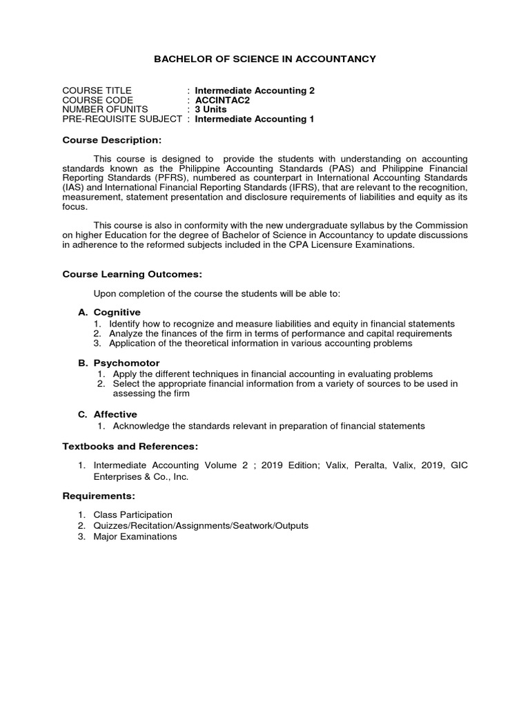 Intermediate Accounting 2 Syllabus Pdf Bonds Finance