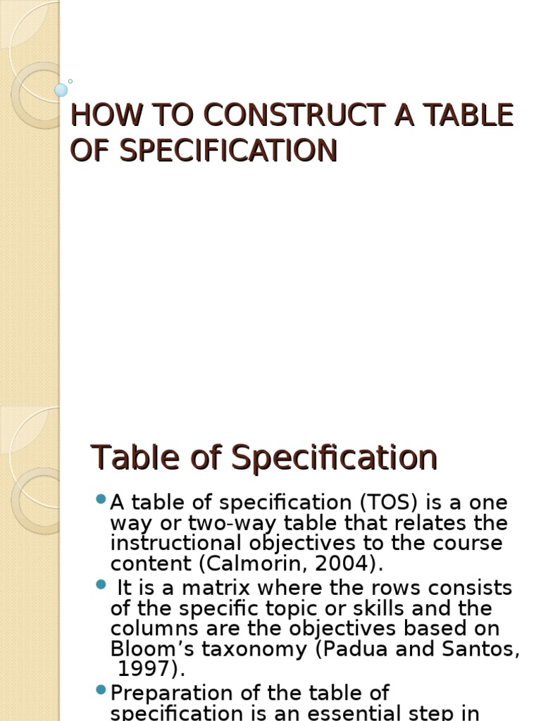 HOW TO CREATE A TABLE OF SPECIFICATIONS | PDF | Affect (Psychology ...