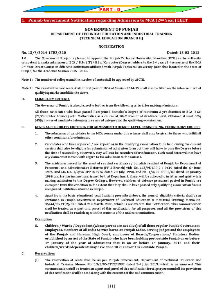 Part-D Notification MCA (2nd Year) Lateral Entry | PDF | University And College Admission ...
