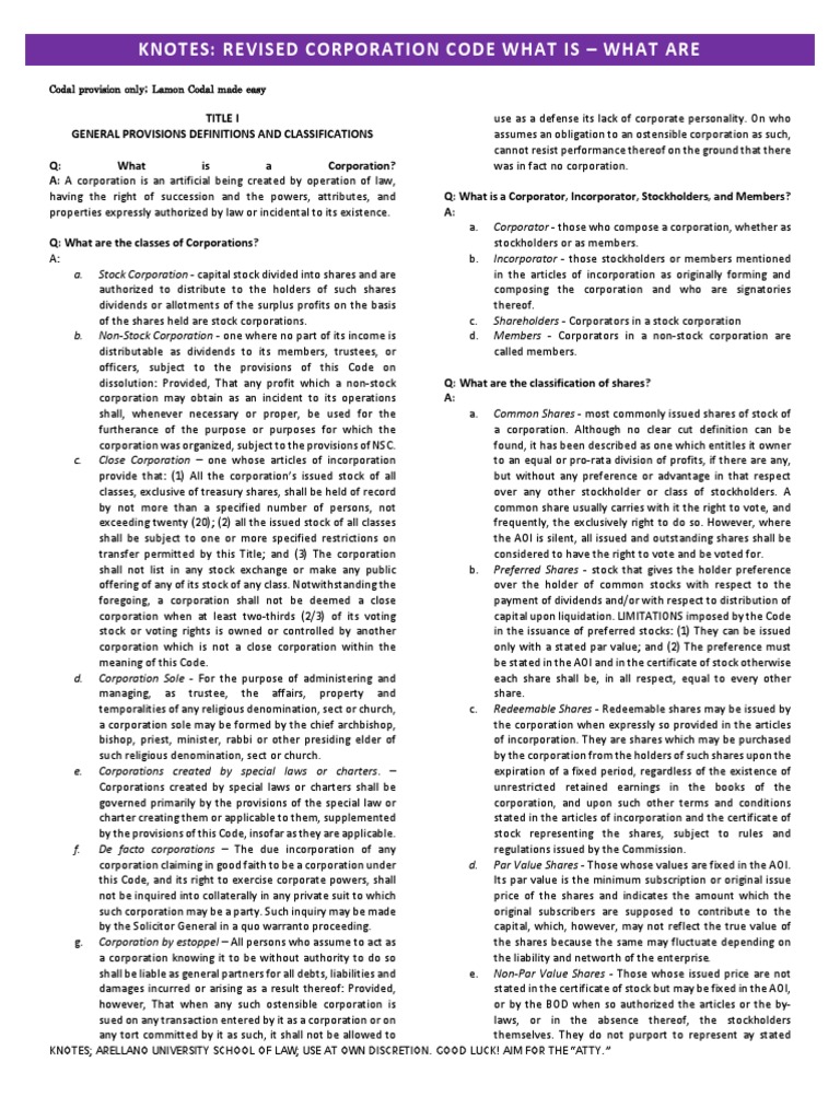 KNOTES - Revised Corporation Code With Codal PDF | PDF | Board Of ...