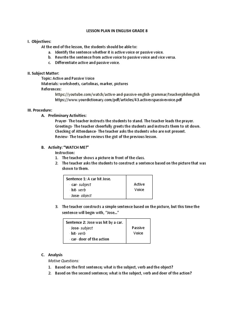 Lesson Plan in English Grade 8 | PDF | Subject (Grammar) | Verb