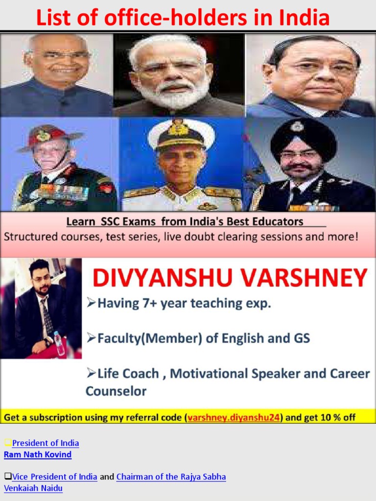 List of Key Office Holders in India and International Organizations ...