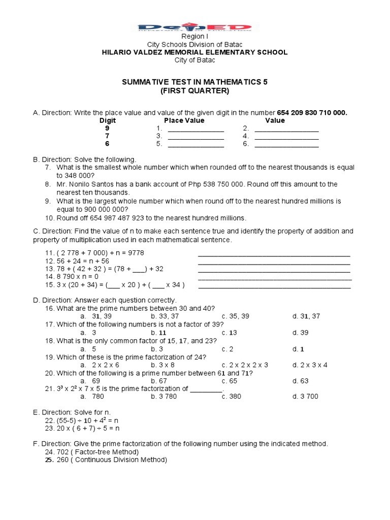 Grade 5 Math Quarter 1 Summative Test | PDF | Numbers | Discrete ...