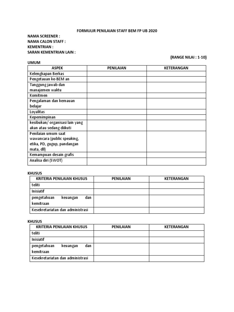 Formulir Penilaian Staff Bem FP Ub 2020 | PDF