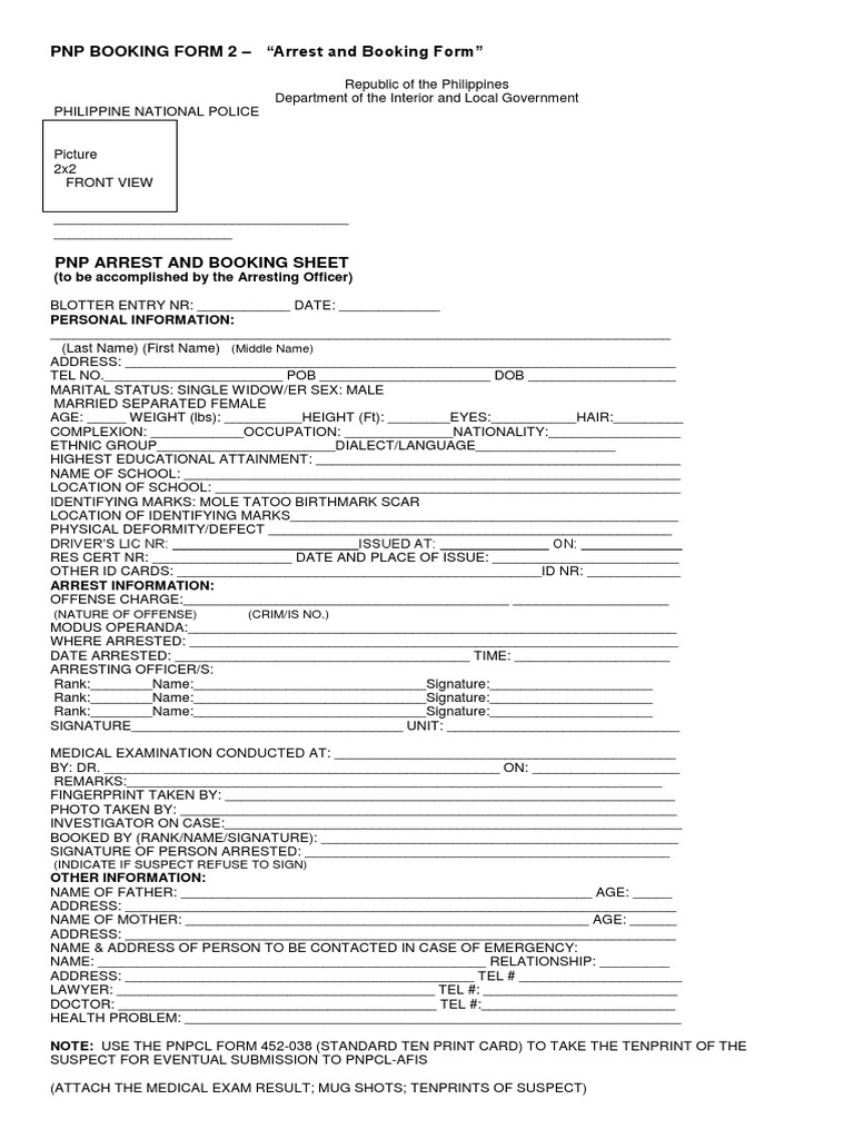 PNP Booking Form 2 | PDF | Criminal Justice | Crime & Violence