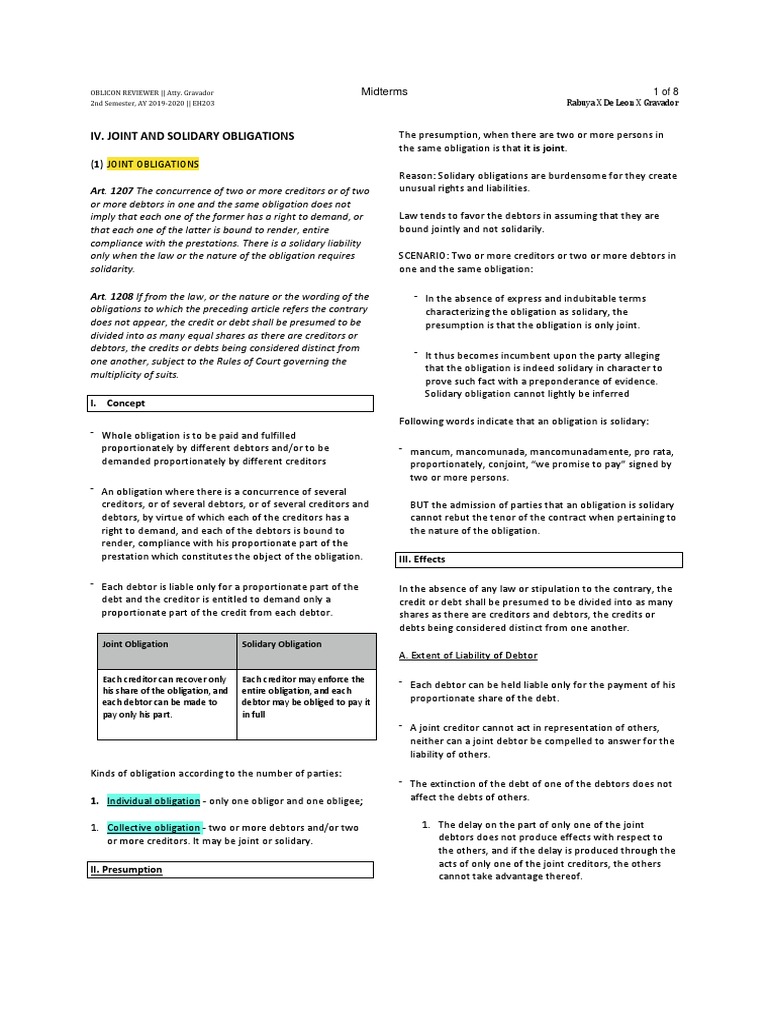 Joint and Solidary Obligation Reviewer | PDF | Law Of Obligations | Debtor
