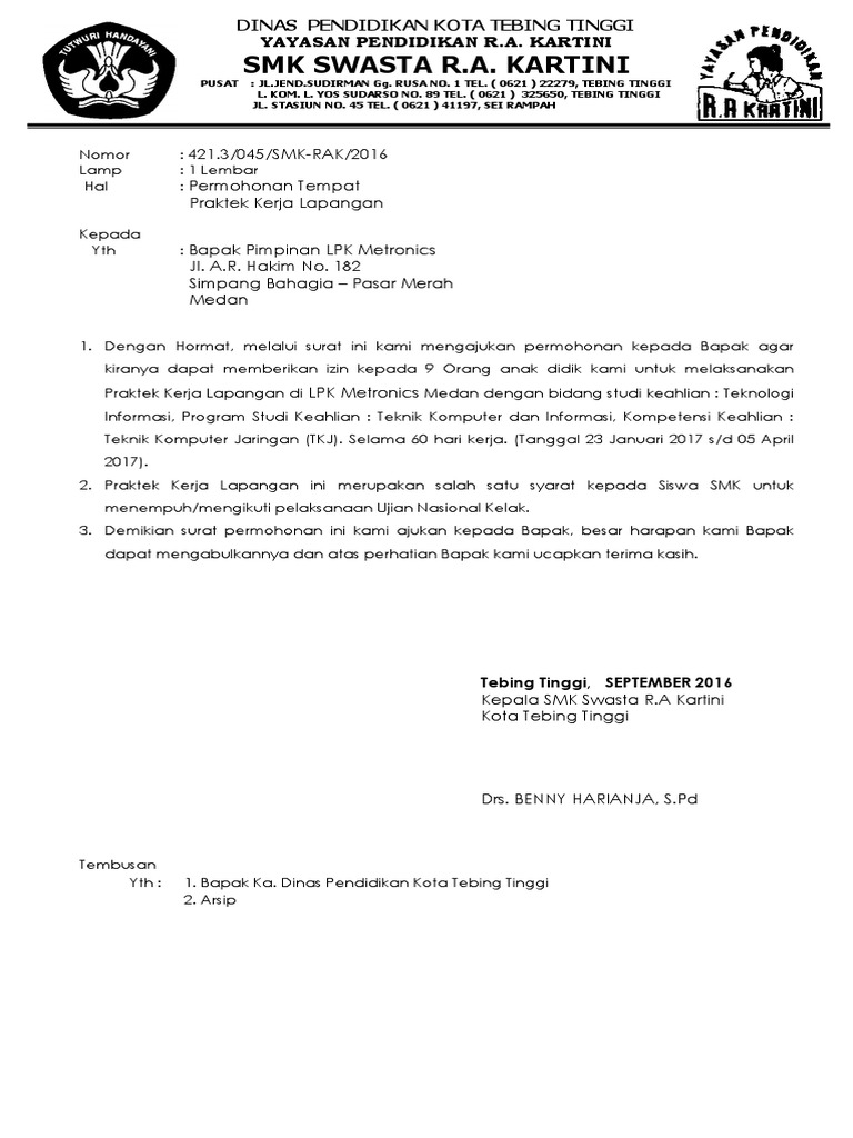 PERMOHONAN PKL TKJ DI LPK Metronics | PDF