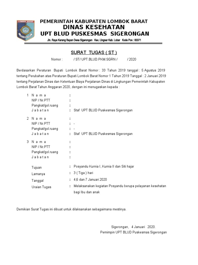 Surat Perjalanan Dinas (SPD) 2020 - PKM Sigerongan | PDF
