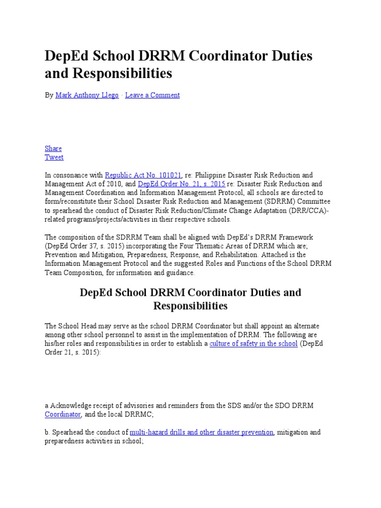 DepEd School DRRM Coordinator Duties and Responsibilities | PDF ...