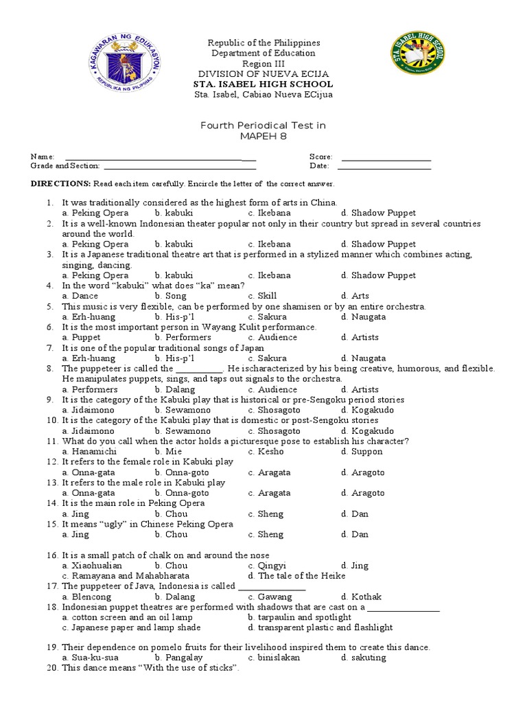 MAPEH Test Covers Traditional Arts, Music, Dance | PDF | Wellness | Medical