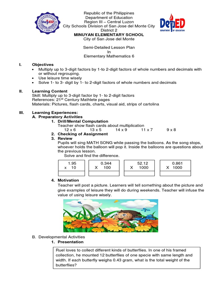 Lesson Plan in Math Multiply Decimals | PDF | Multiplication | Lesson Plan