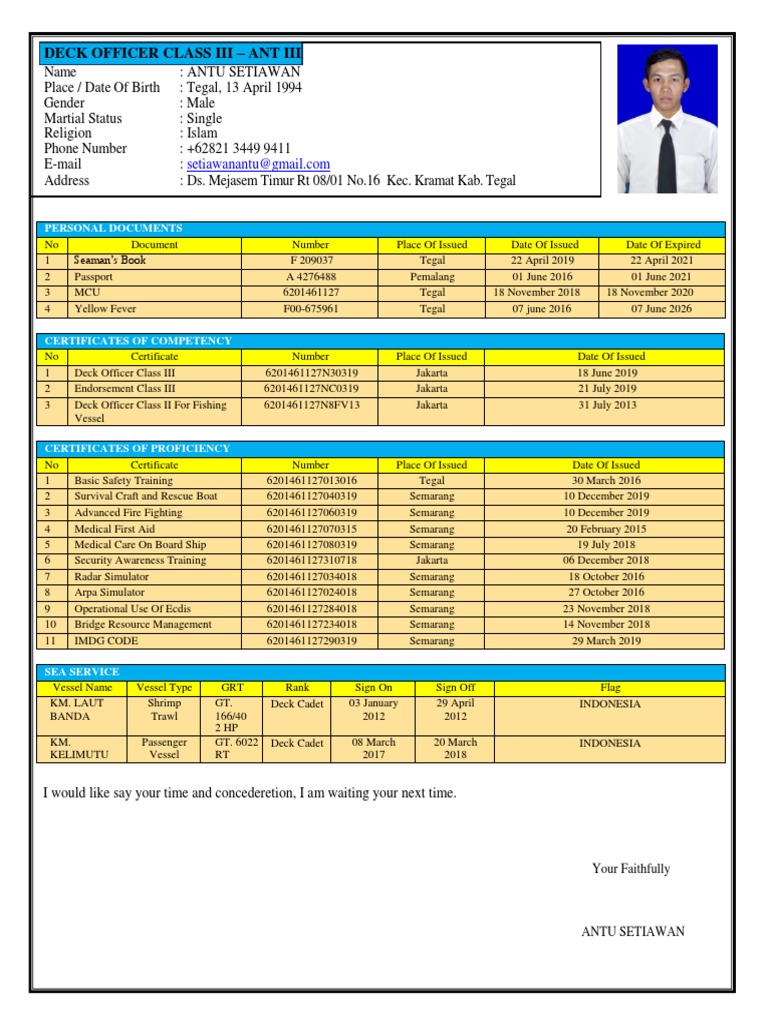 Deck Officer Class III CV - Antu Setiawan | PDF | Water Transport | Ships