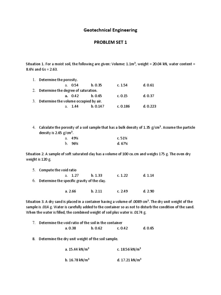 Problem Set in GEotechnical Engineering | PDF | Density | Soil