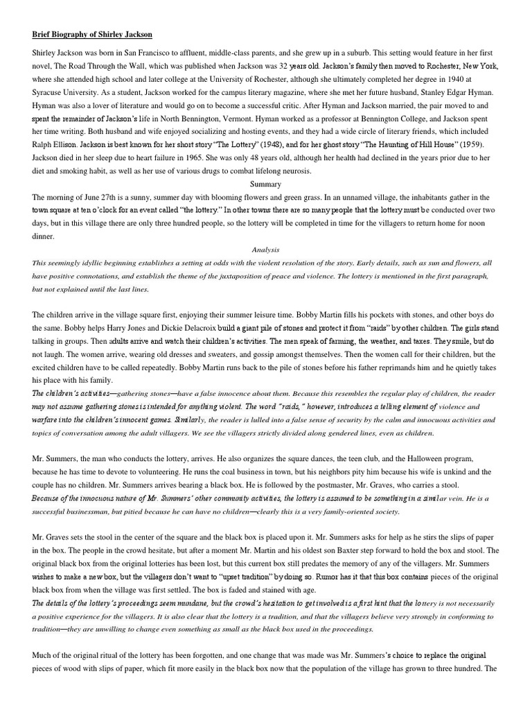 The Lottery Analysis | PDF | Social Science | Mystery, Thriller & Crime ...