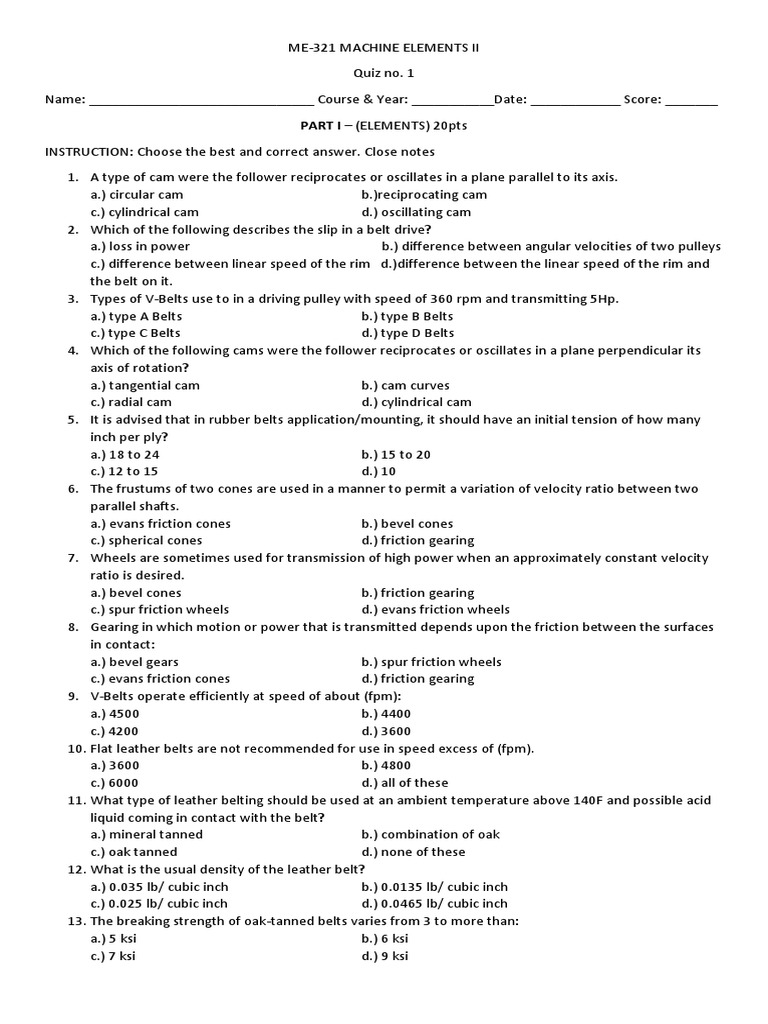 Me 321 Quiz 1 | PDF | Belt (Mechanical) | Gear