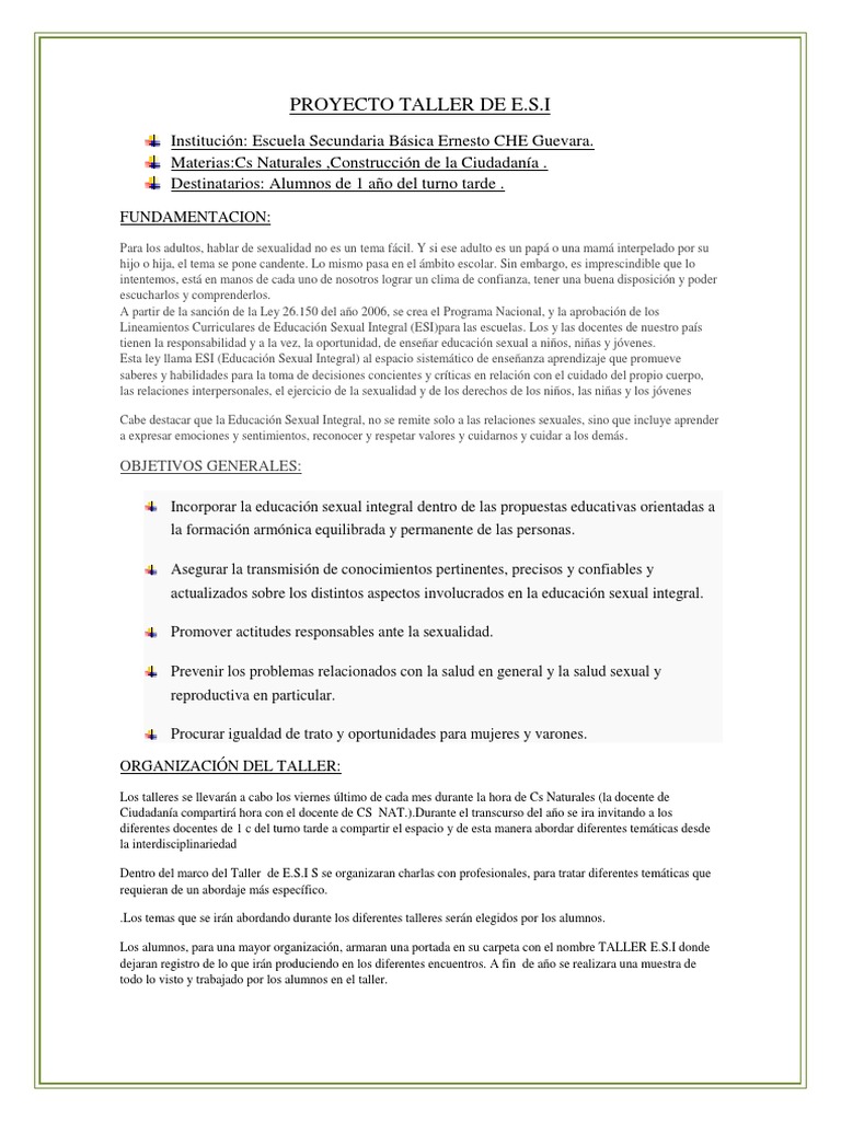 PROYECTO TALLER DE Esi | Descargar gratis PDF | Educación sexual | La sexualidad humana