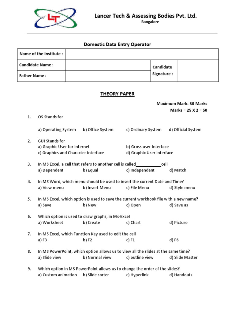 Domestic Data Entry Operator Exam Answers Lancer Tech Bangalore | PDF ...