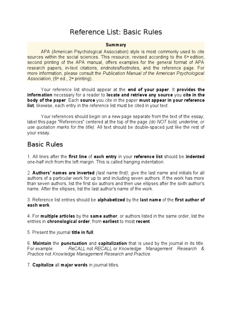 APA Reference List Rules | PDF | American Psychological Association ...