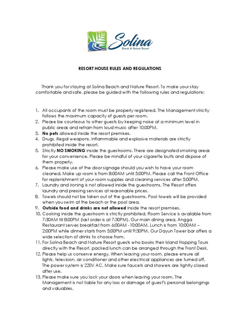 Solina Beach Resort House Rules | PDF | Restaurants | Hotel And ...