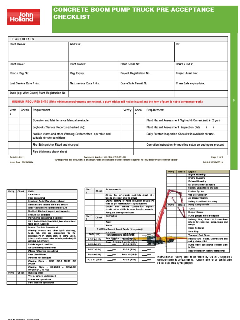 Boom Placer Checklist | PDF | Truck | Pump