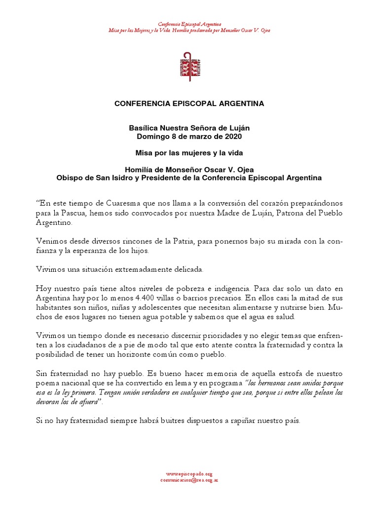 El Discurso Completo de Oscar Ojea en La Misa en Rechazo Al Aborto en La Basílica de Luján | PDF ...