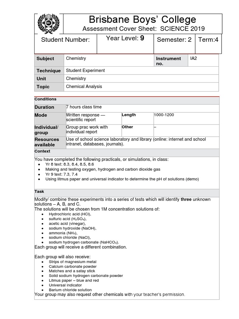 Chemistry Student Experiment Assessment Task | PDF | Acid | Sodium ...