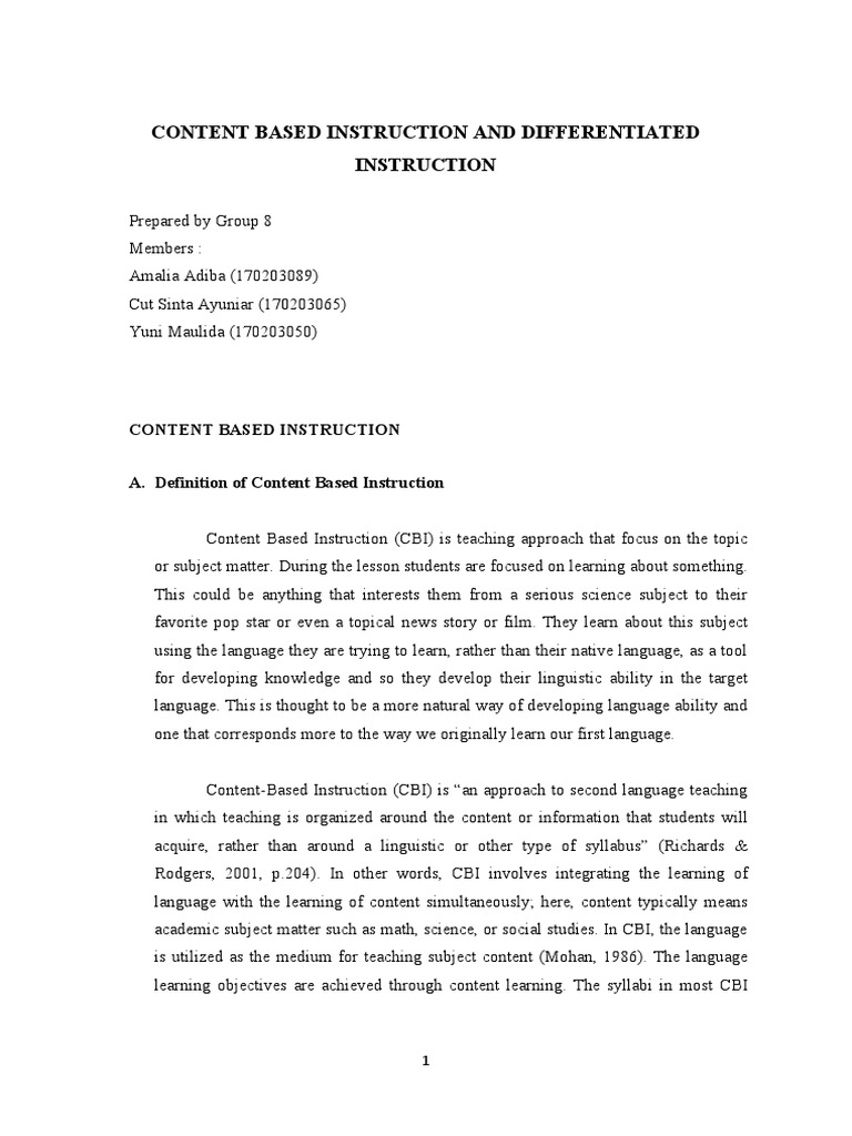 Content Based Instruction and Differentiated Instruction | PDF ...
