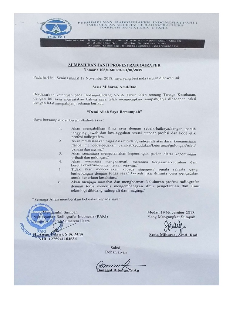 Sumpah Dan Janji Profesi Radiografer PDF | PDF