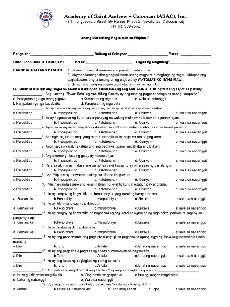 Unang Markahang Pagsusulit Sa Filipino 7 | PDF
