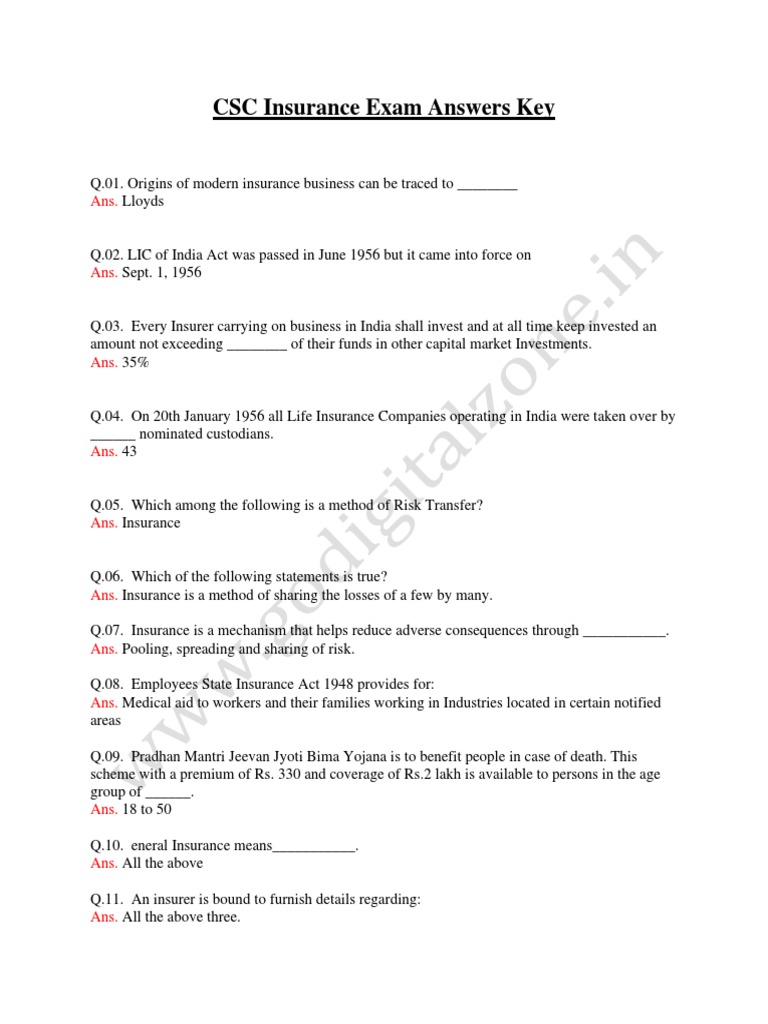 CSC Insurance Exam Answers Key | PDF | Life Insurance | Insurance