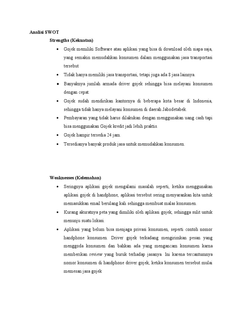 Analisis SWOT Gojek: Kekuatan dan Tantangan | PDF
