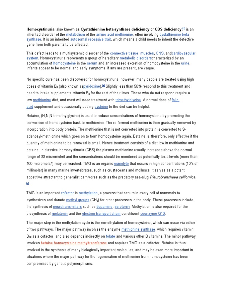 Homocystinuria, Also Known As Cystathionine Beta Synthase Deficiency or ...