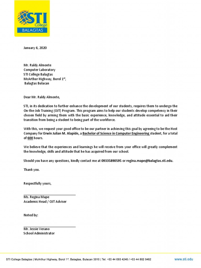 Attachment C - STI OJT Endorsement Letter Template 1 | PDF