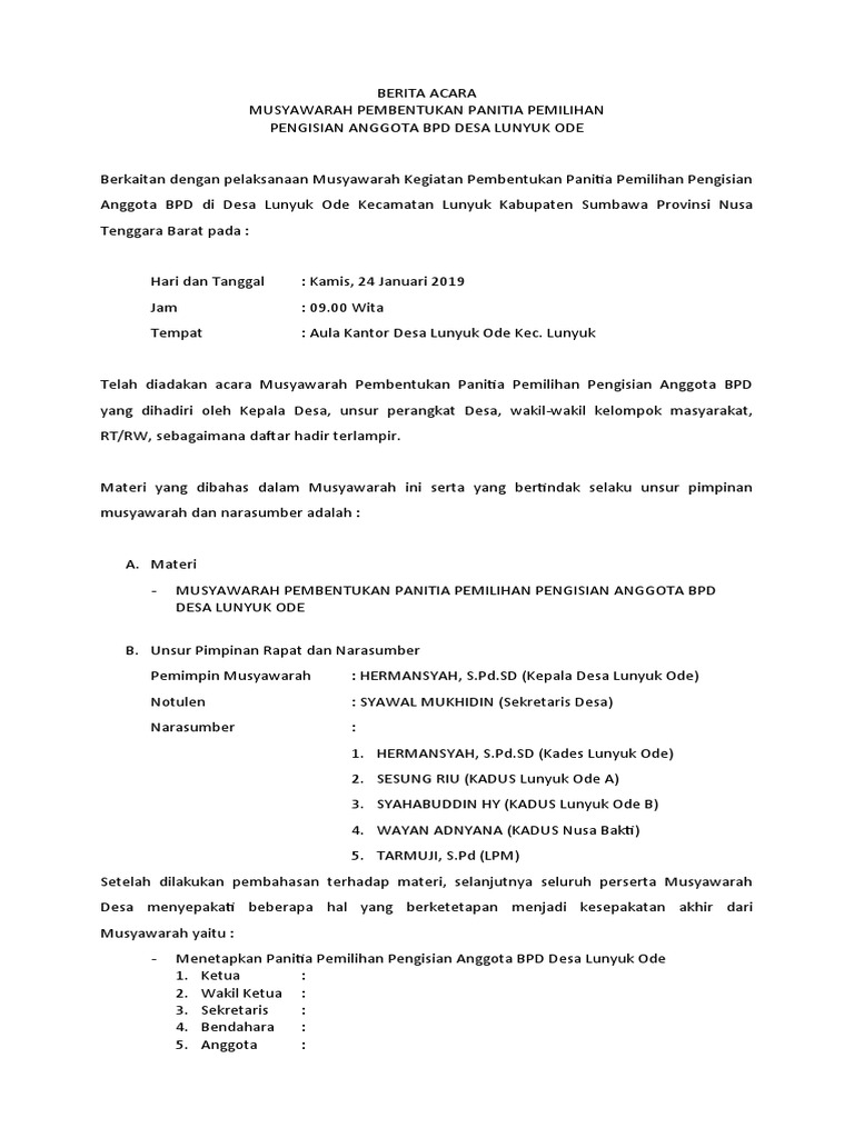 Berita Acara Pembentukan Panitia Pemilihan BPD | PDF