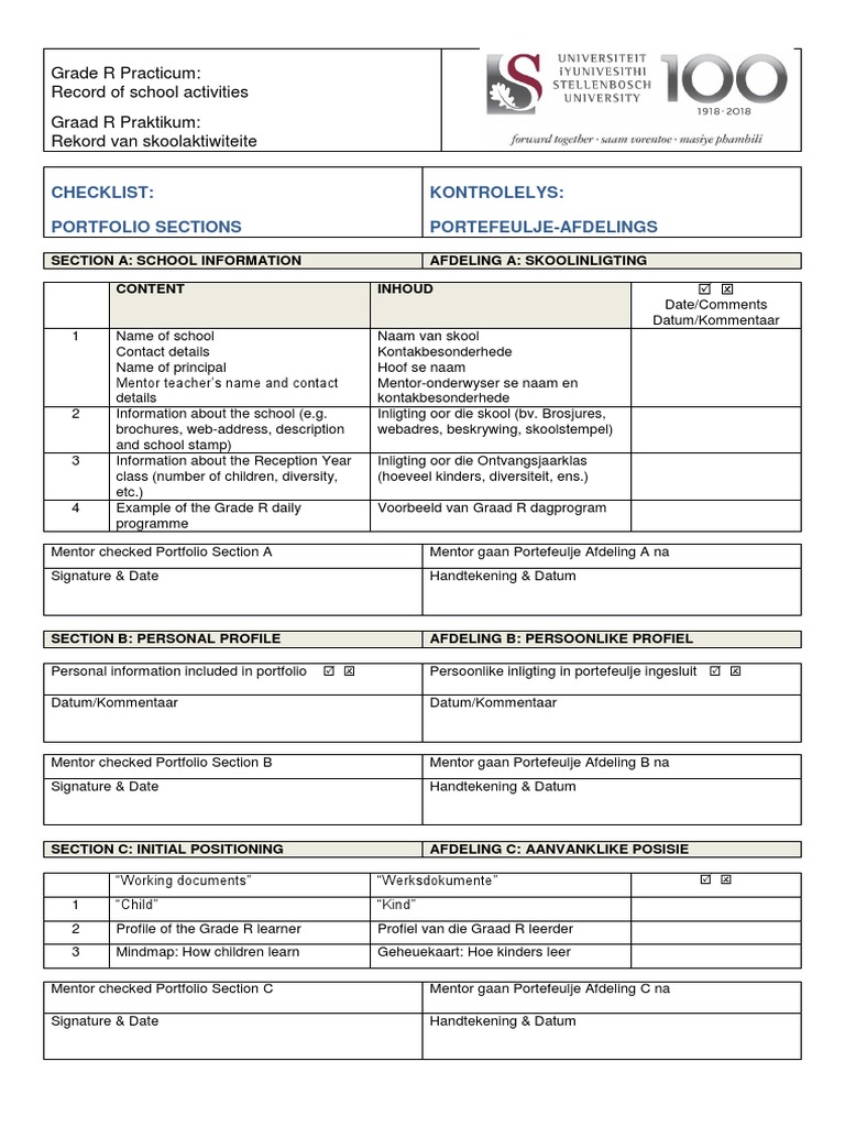 1 - Checklist - Grade R Portfolio-Kontrolelys - Graad R Portefeulje | PDF