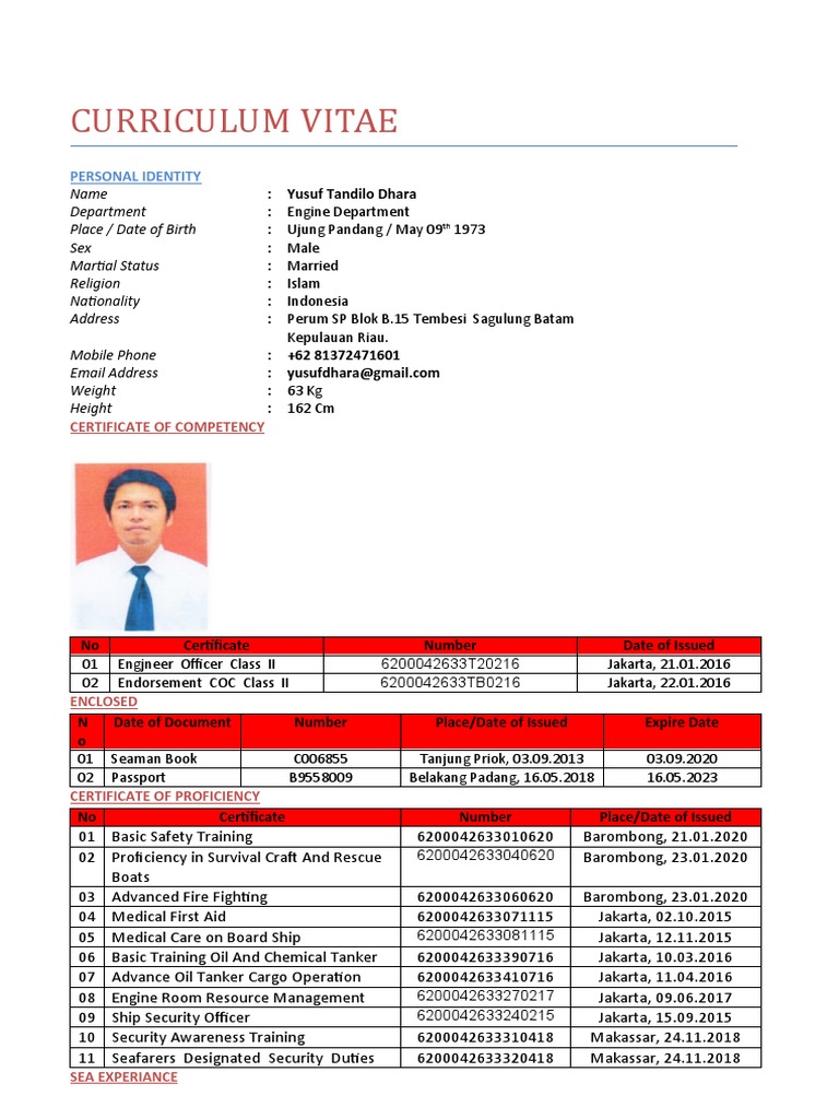 Cv. Yusuf Tandilo | PDF | Sailor | Water Transport