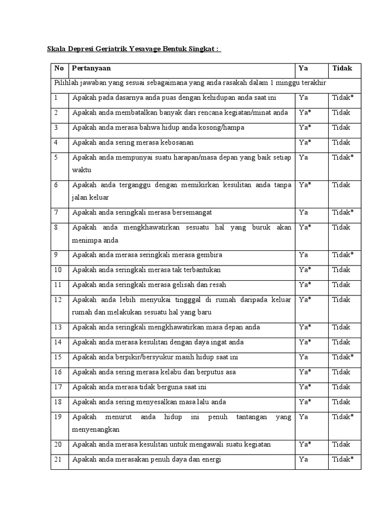 Skala Depresi Geriatrik Yesavage Bentuk Singkat | PDF