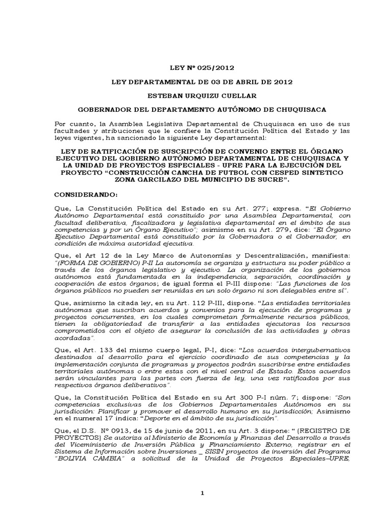 025 #Ley de Ratificacion Conv. Gobernacion y Unidad de Proyectos ...