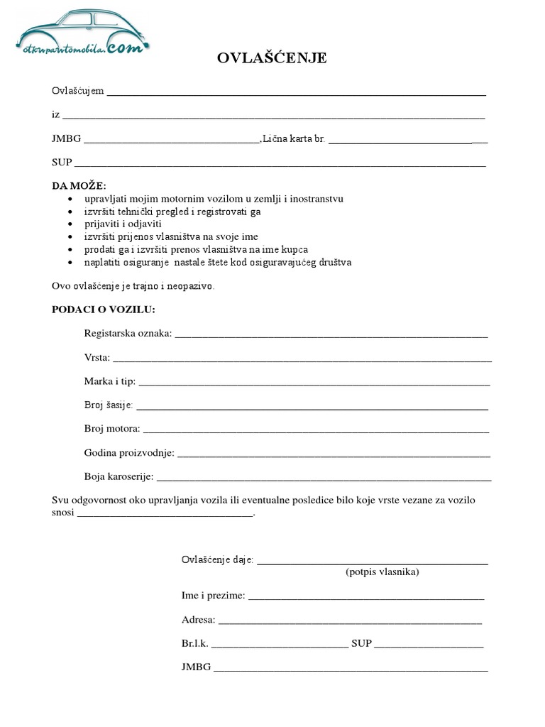 Ovlascenje Za Kupovinu Automobila PDF | PDF