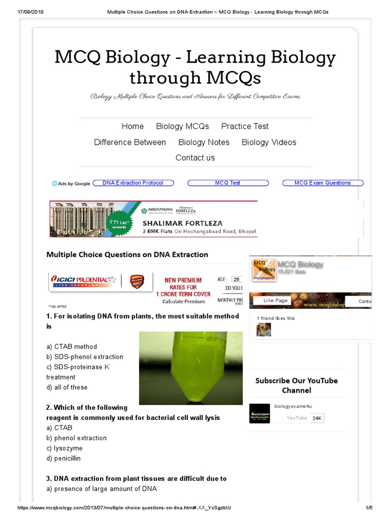 Multiple Choice Questions On DNA Extraction - MCQ Biology - Learning ...