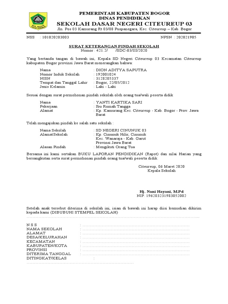 103 - Surat Pindah - Dion - Aditya - Saputra - 2020 | PDF