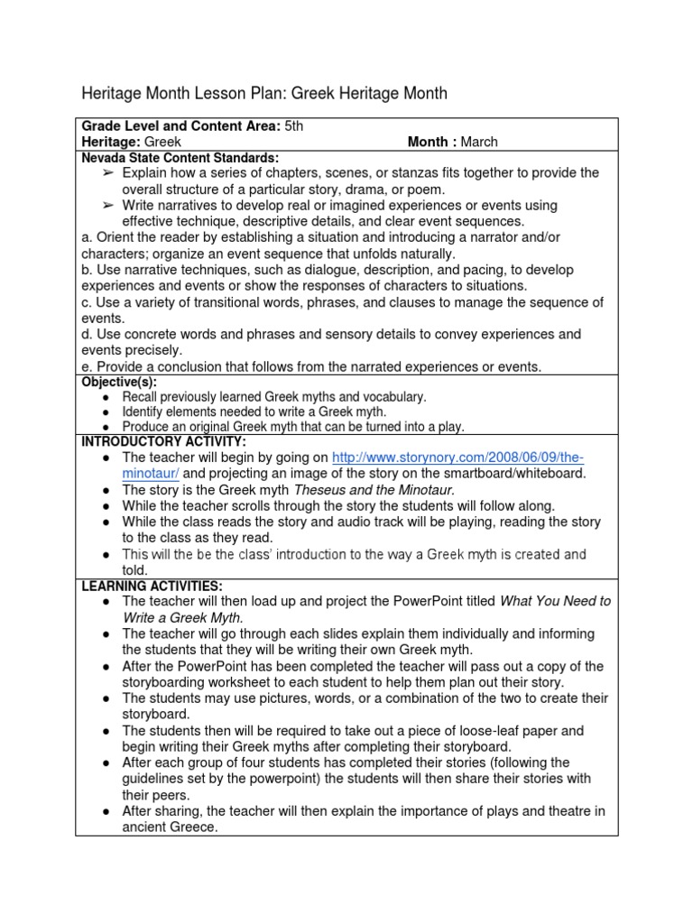 Greek Heritage Month Lesson Plan | PDF | Narrative | Reading Comprehension
