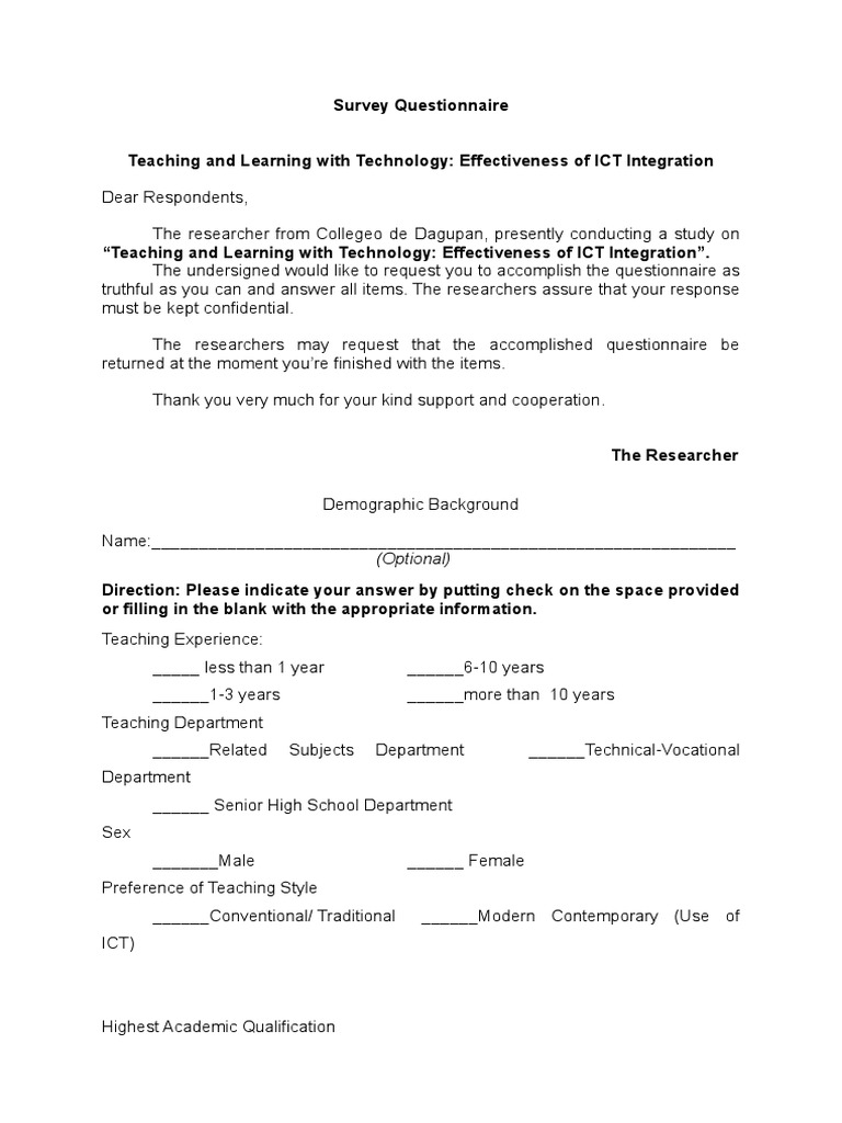 Questionnaire On Teaching Learning 1 | PDF | Educational Technology ...