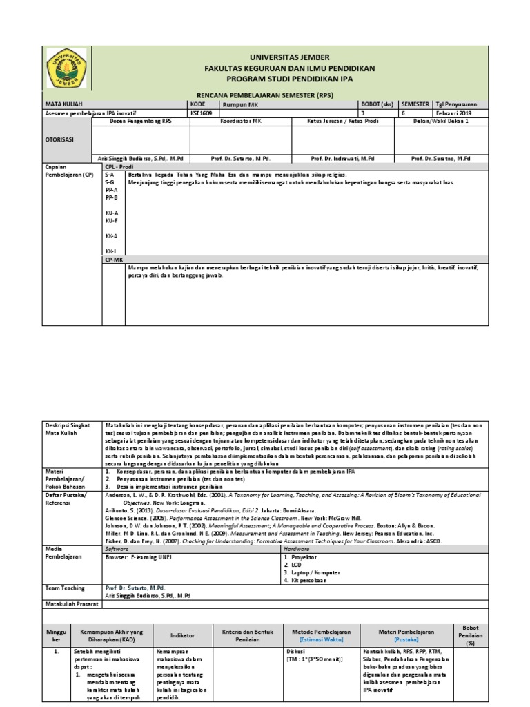 RPS Asesmen Pembelajaran IPA Inovatif PDF | PDF