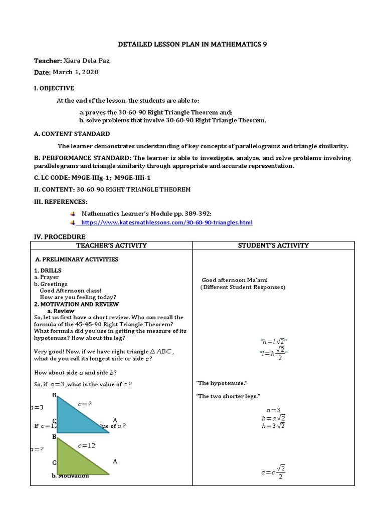 MATH Detailed Lesson Plan MAR 1 2020 30-60-90 | PDF | Triangle ...