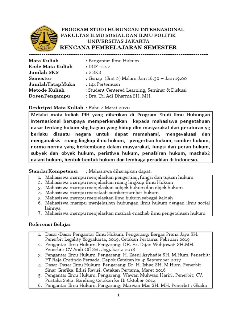 RPS Pengantar Ilmu Hukum Malam Rabu 2020 | PDF RPS Pengantar Ilmu Hukum Malam Rabu 2020 | PDF
